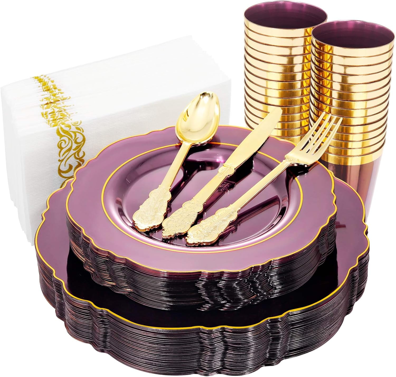 Purple Plastic Plates with Gold Rim & Silverware & Cups & Hand Napkin ...