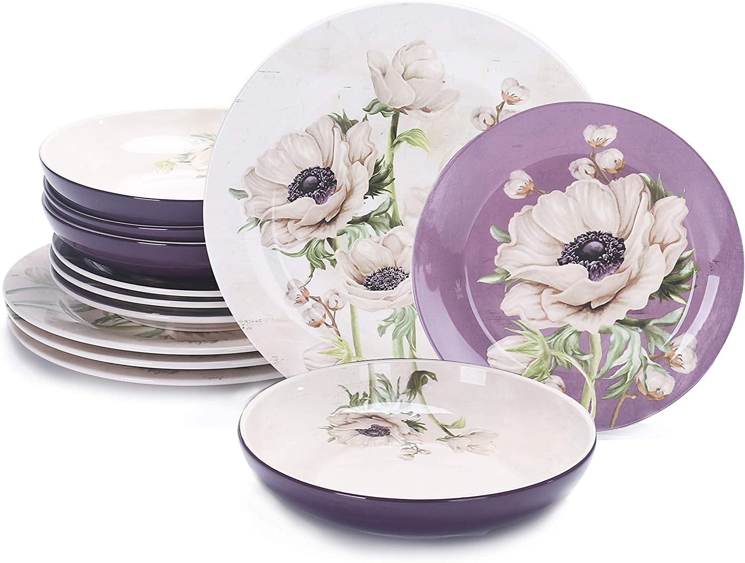 Purple Poppy Ceramic 12 pcs Dinnerware Set, Service for 4, Inclusive of ...