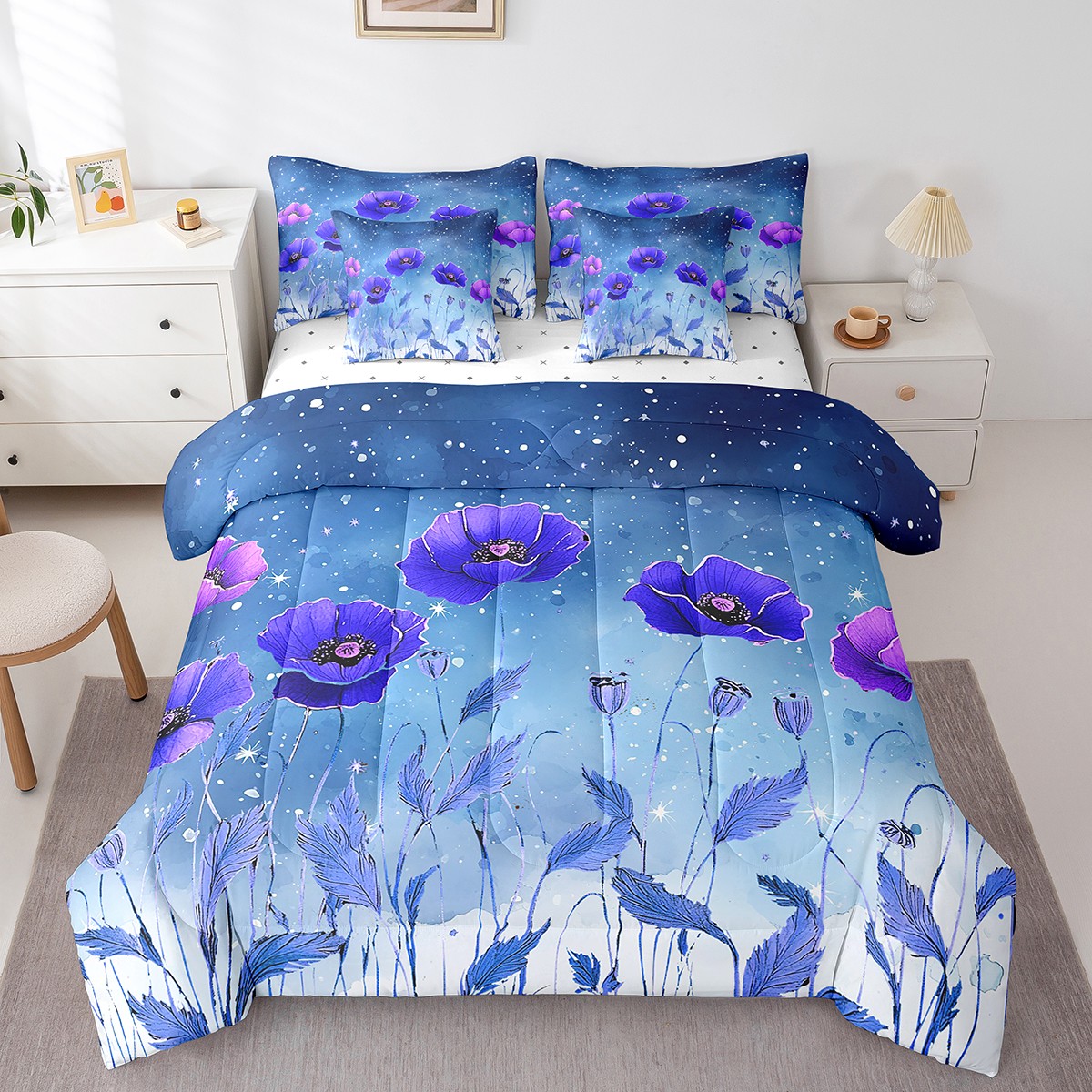 Purple Poppy Flowers 7Pcs Comforter Set Twin,Abstract Floral Plants ...