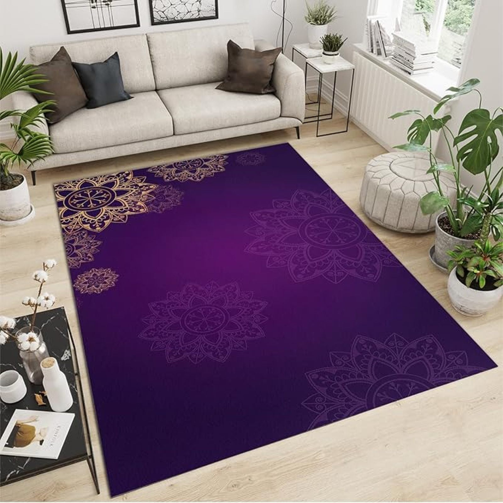 Purple Print Area Rug, Golden Bohemian Pattern Indoor Non Slip Living ...