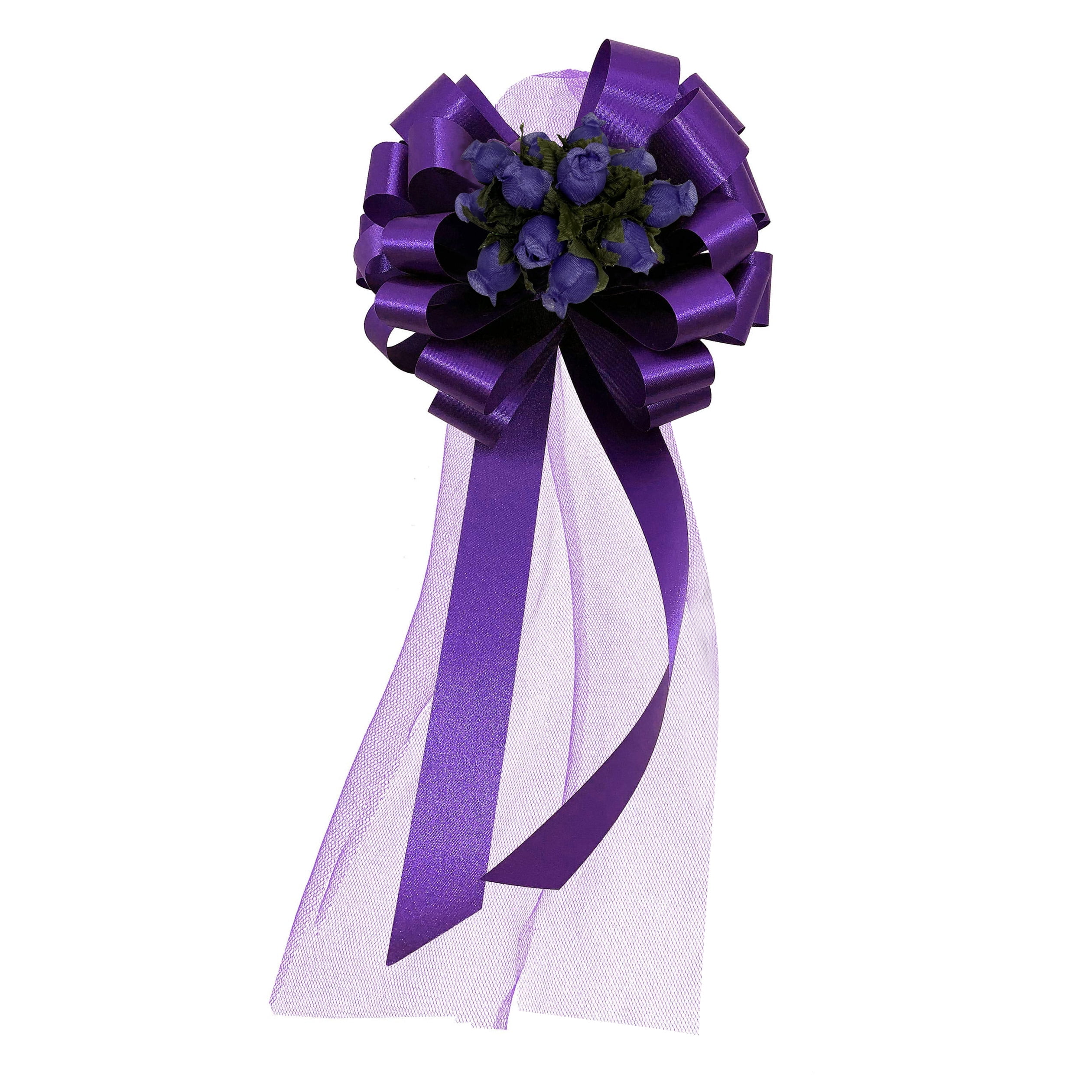 Purple Pull Bows with Tulle Tails and Rosebuds - 8" Wide, Set of 6 ...