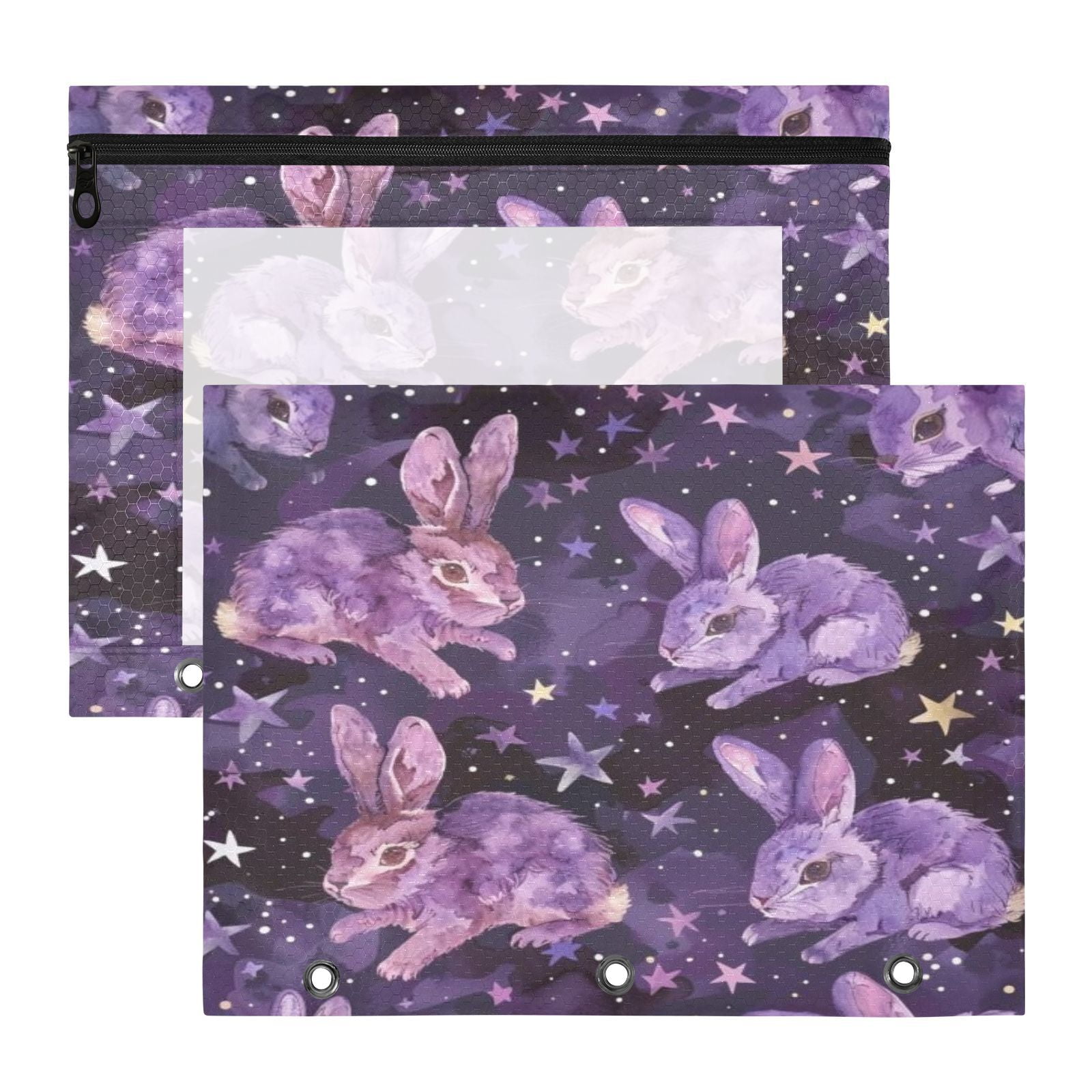 Purple Rabbits Stars A4 Pencil Pouch 3 Ring Zipper Pencil Pouches Pencil Case for Binder ...