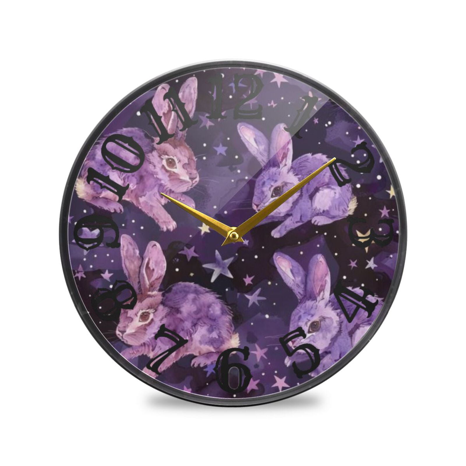 Purple Rabbits Stars Wall Clock 12 Inch Silent Non Ticking Battery ...