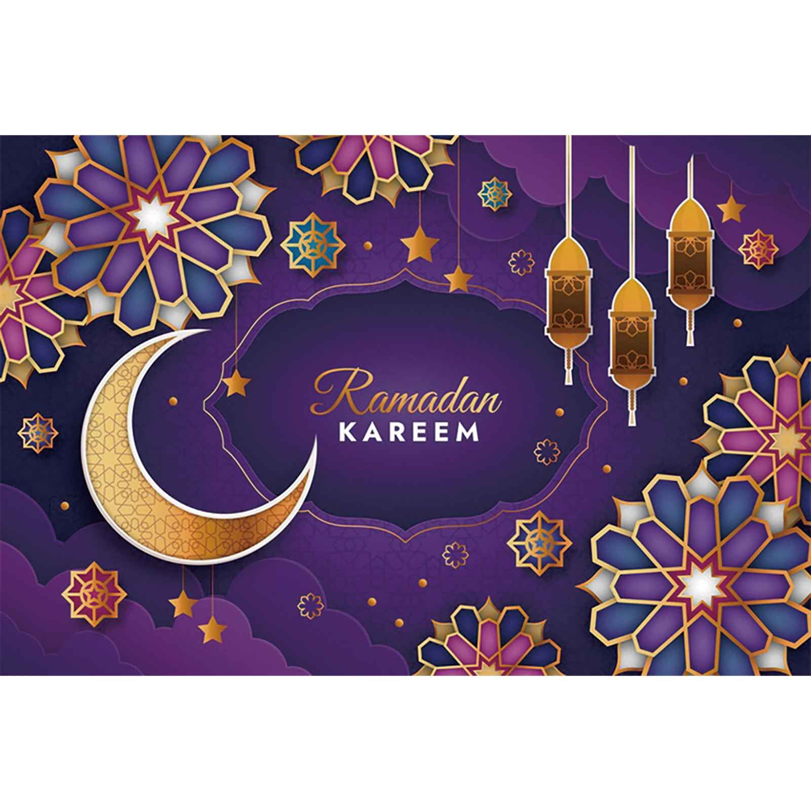 Purple Ramadan Kare Poster Backdrop Cresct Lantern Flowers Party ration ...