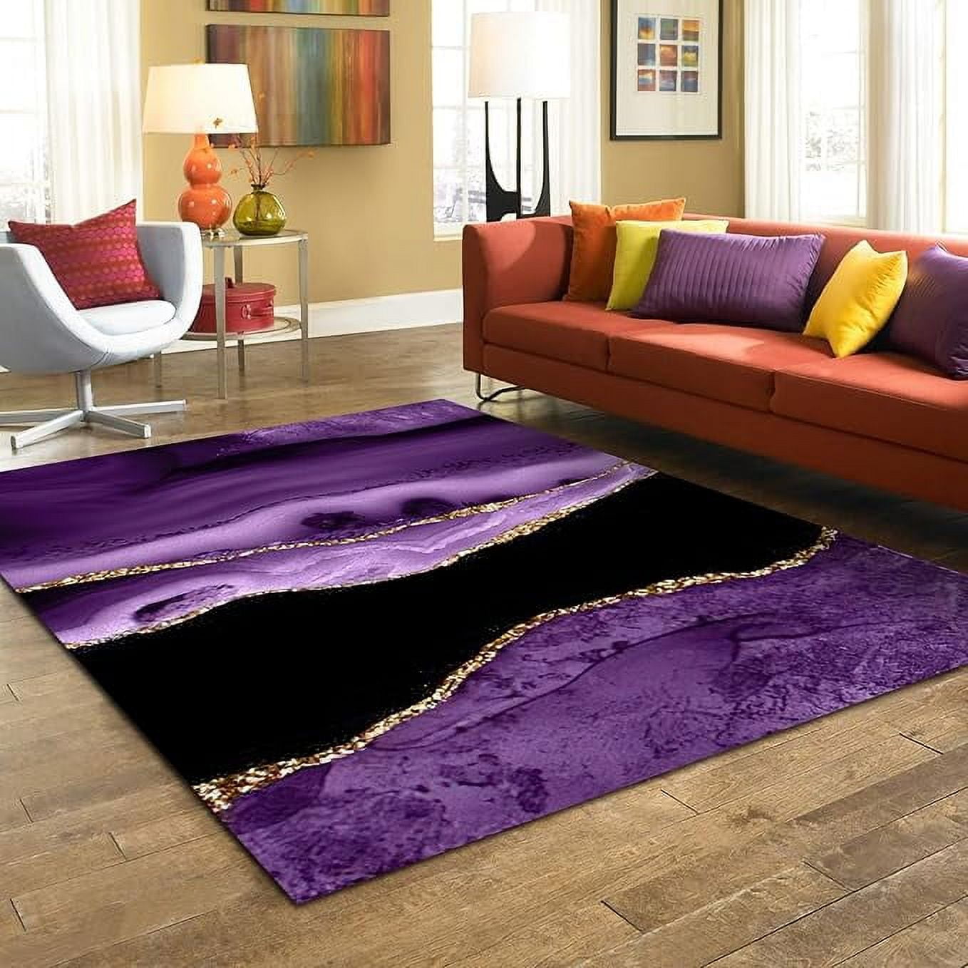 Purple Relief Marble Area Rugs, Gold Plated Yellow Lines Living Room ...