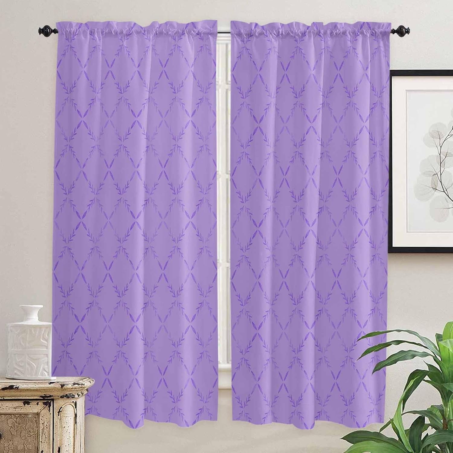 Purple Rhombus Window Curtains 84 Inch Length, Rustic Modern Plaid ...