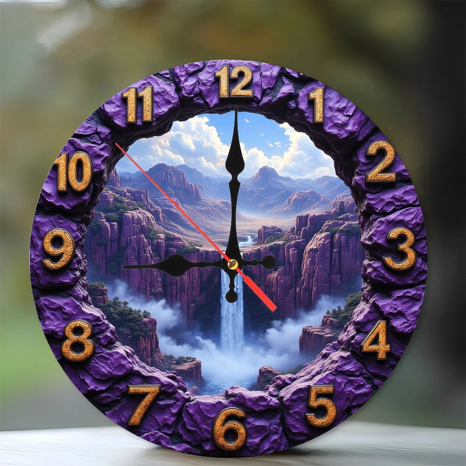 Purple Rock Waterfall Canyon Clock Wall Decor 10-Inch Silent Wooden ...