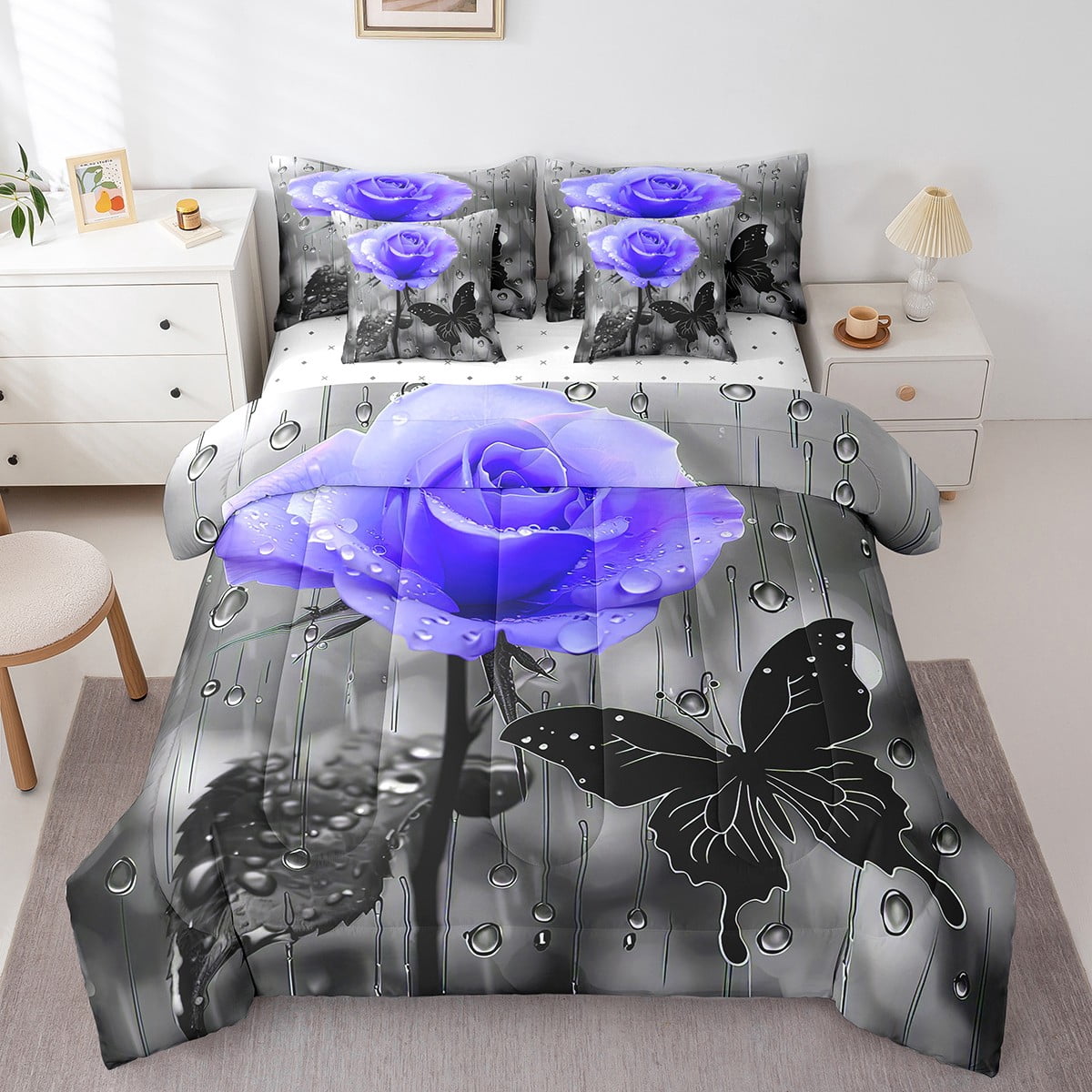 Purple Rose 7 Piece Comforter Set Full Bed in a Bag,Romantic Flower ...