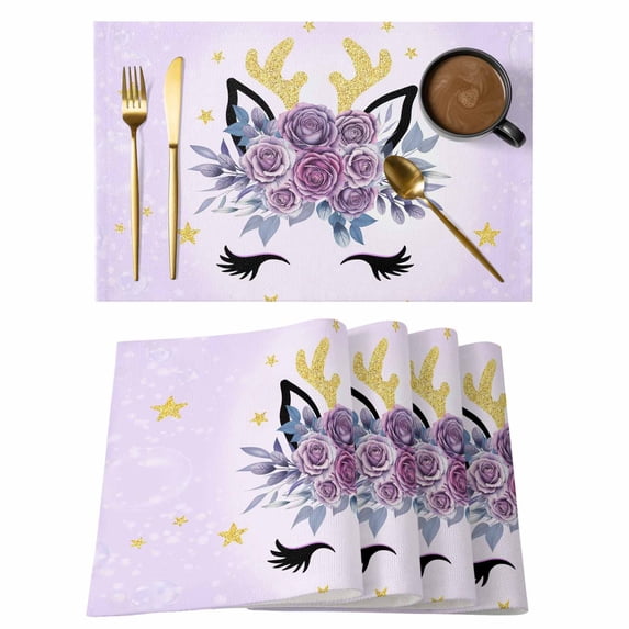 Purple Rose Antlers Placemats Set of 4, Abstract Art Fancy Flowers ...