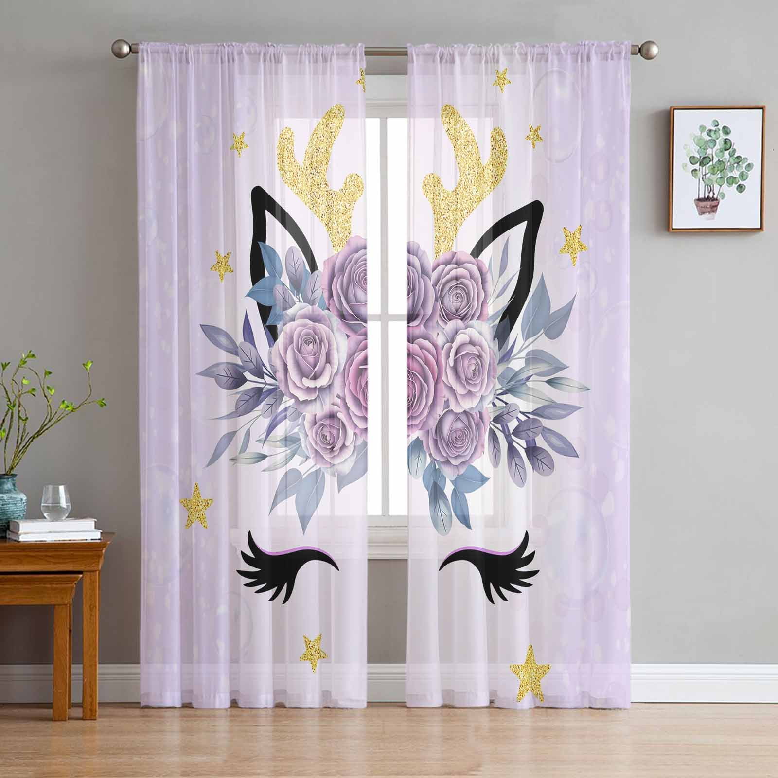 Purple Rose Antlers Sheer Curtains 96 Inches Long 2 Panels Set, Window ...