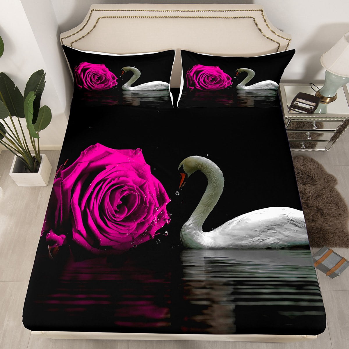 Purple Rose Bed Sheets Black and White Swan Fitted Sheet Queen,Birds ...