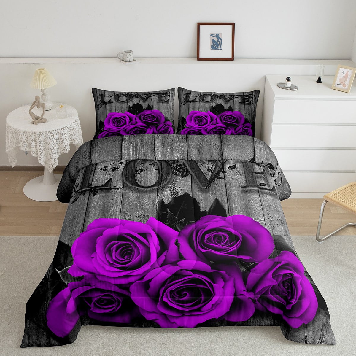 Erosebridal Purple Rose Bedding Set, Twin Comforter and Pillowcase ...