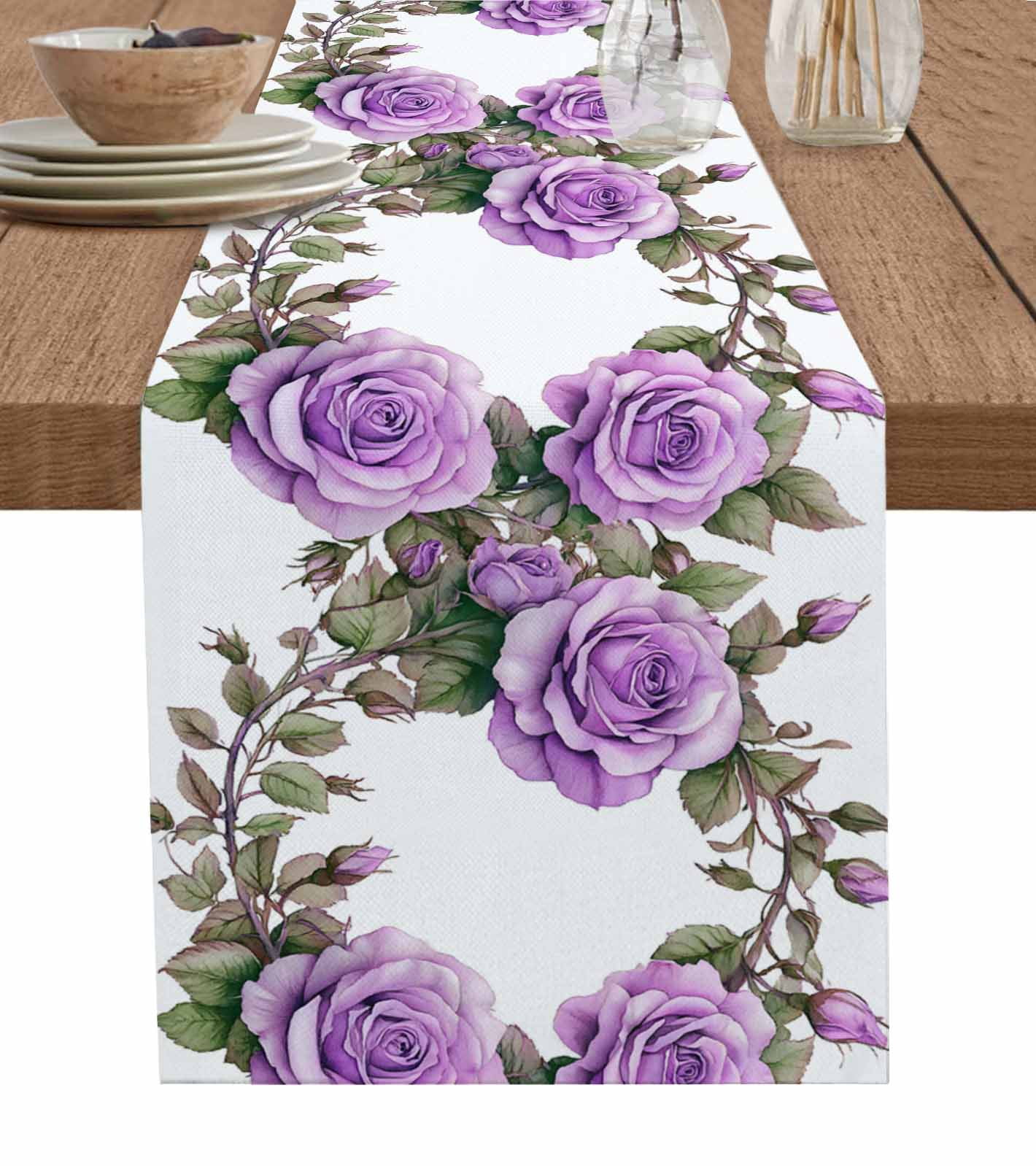 Purple Rose Burlap Cotton Table Runner 13x60 Inches Long, Spring Flower ...
