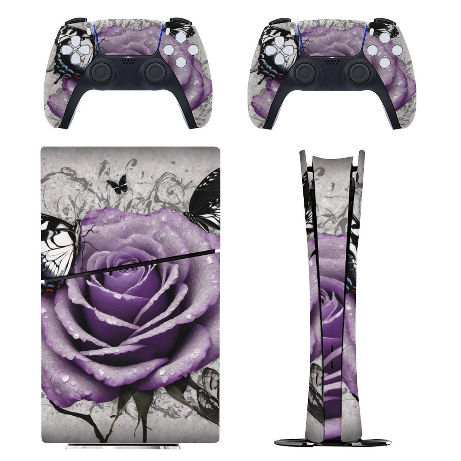 Purple Rose Butterflies Console Skin Bundle for PS5 Pro Slim Disc ...