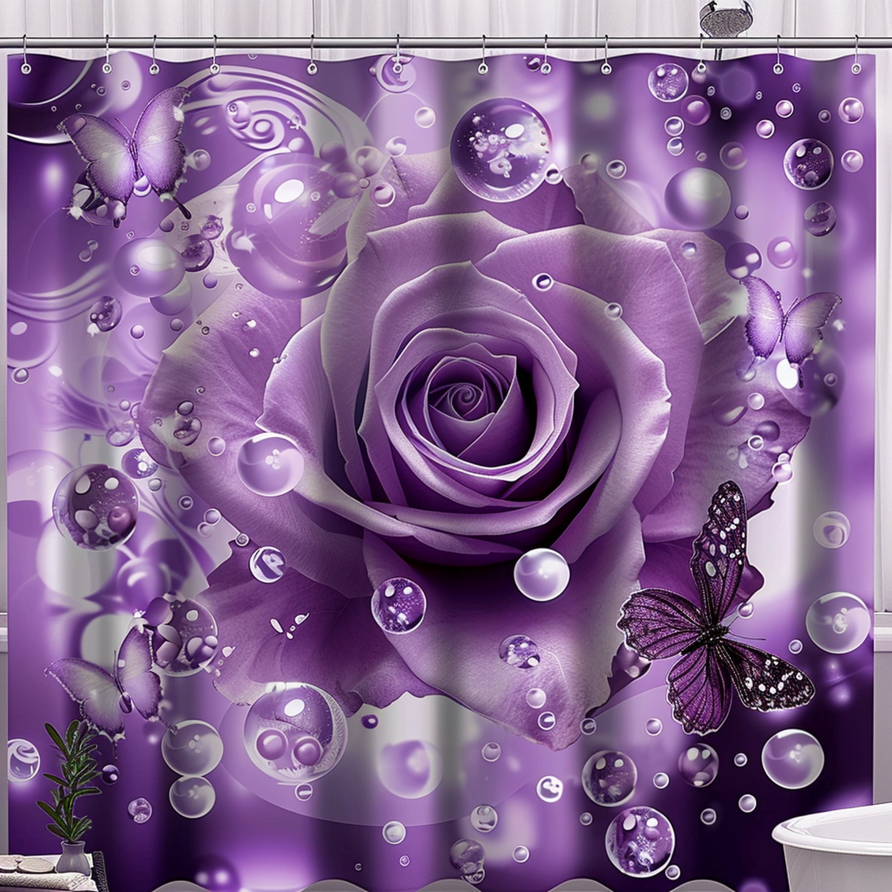 Purple Rose Butterfly Bubbles Shower Curtain Detail Fabric Material