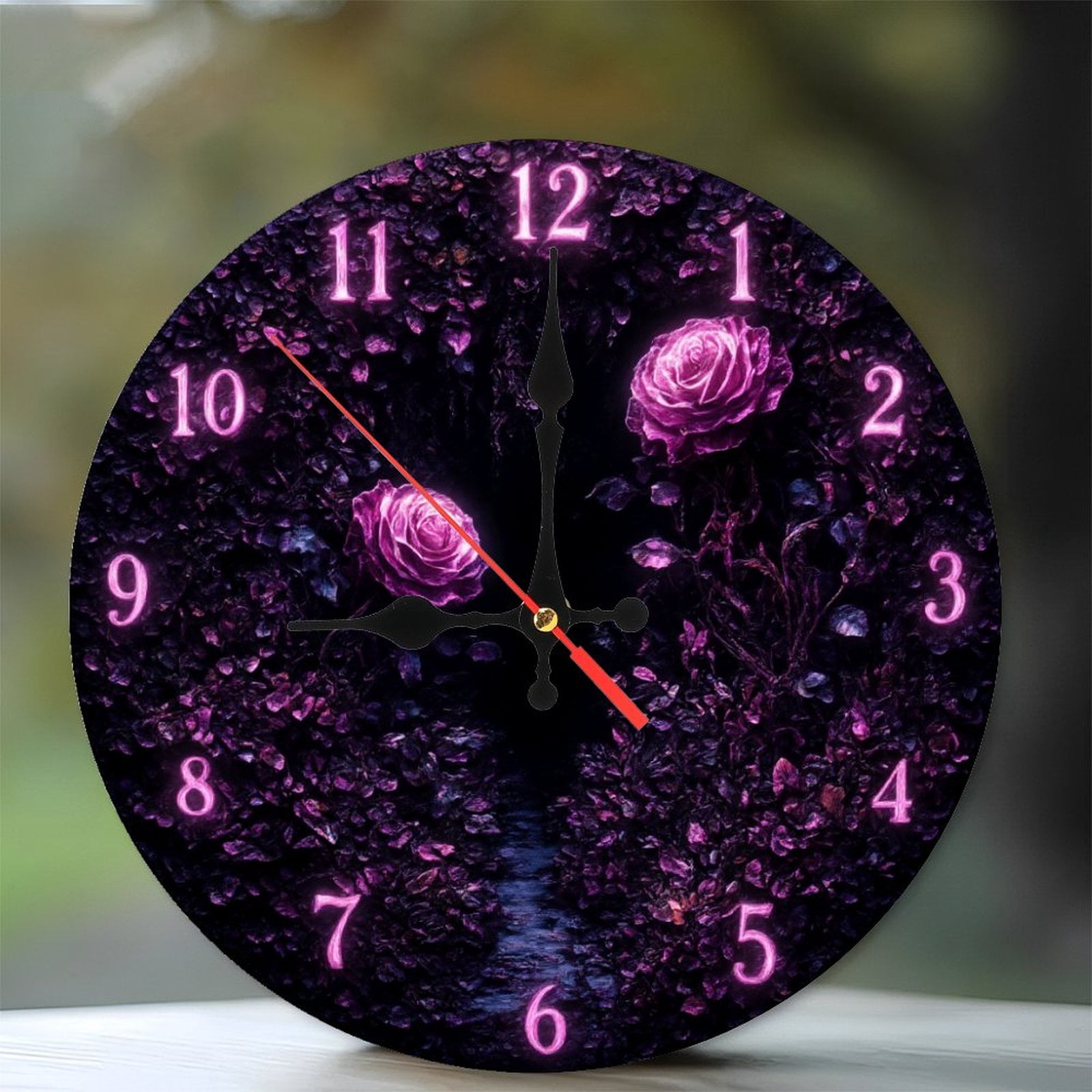 Purple Rose Clock Neon Gothic Dark Floral Wall Clock 10-Inch Silent ...