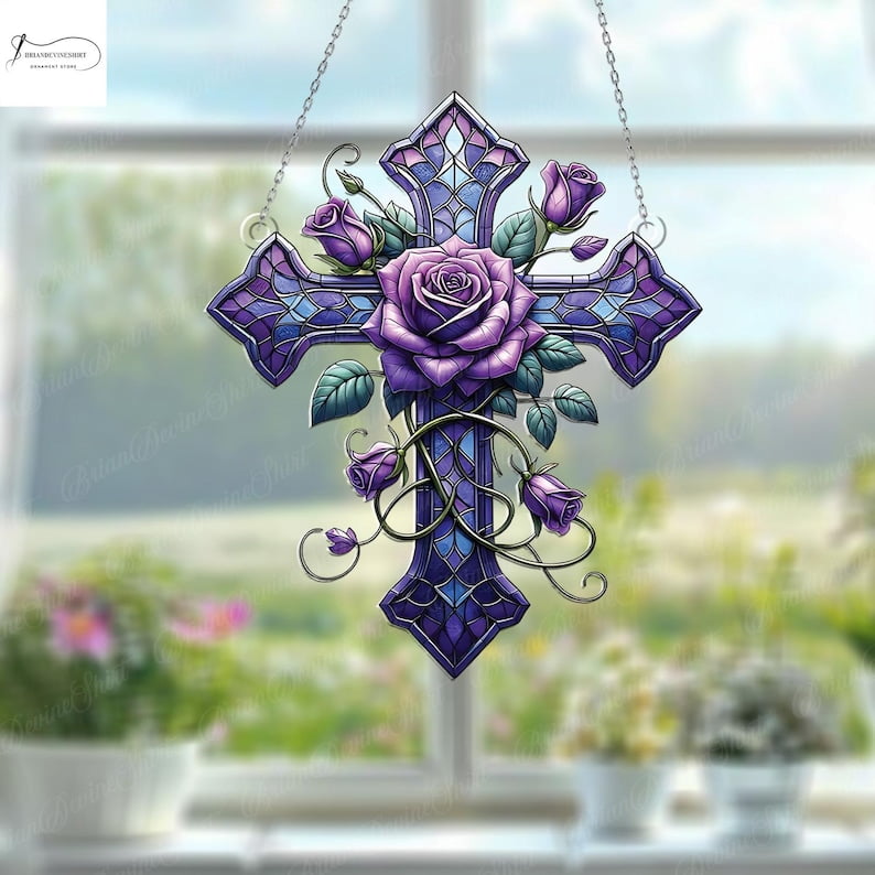 Purple Rose Cross Acrylic Window Hanging, Elegant Floral Design ...
