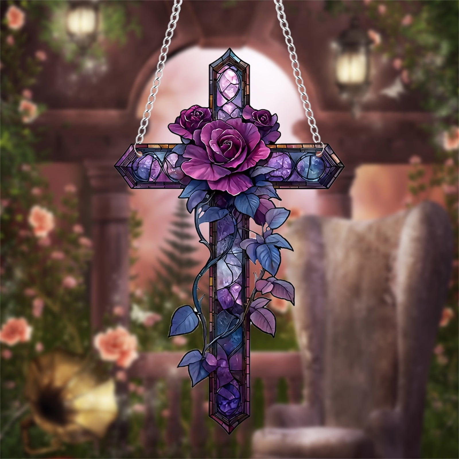 Purple Rose Cross Sun Catchers Hanging Decor,Rose Cross Stained Acrylic ...
