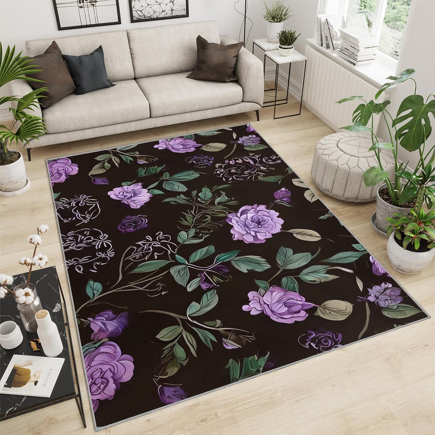 Purple Rose Flower Floral Area Rug Modern Garden Green Plant Leaves ...