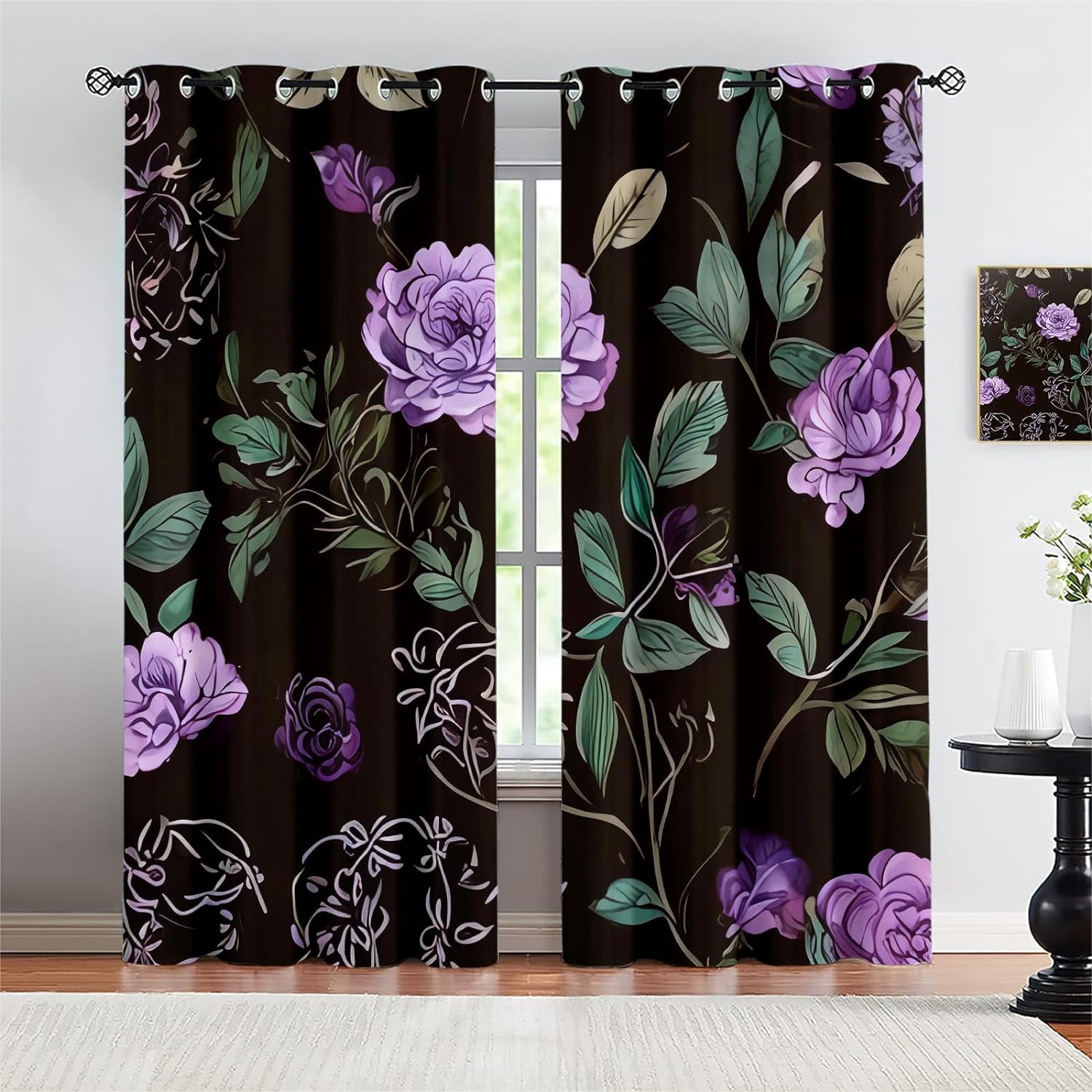 Purple Rose Flower Plant Blackout Curtains,2 Panels Grommet Thermal ...