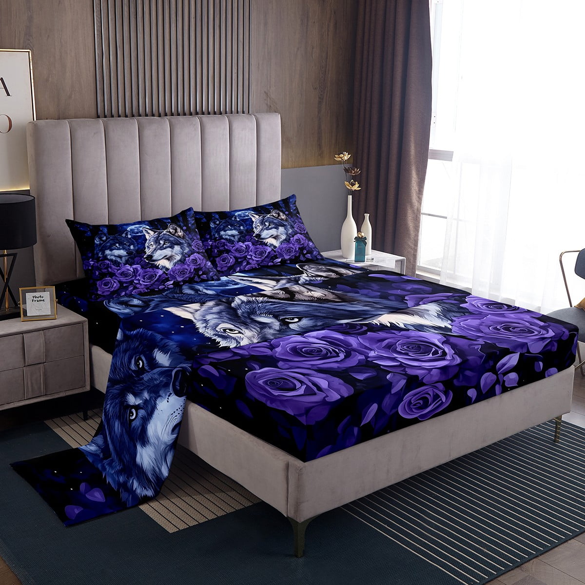 Purple Rose Flowers Bed Sheets Set Wolf Galaxy Queen Sheet Set,Starry Sky Moon Sheets Teens Men ...