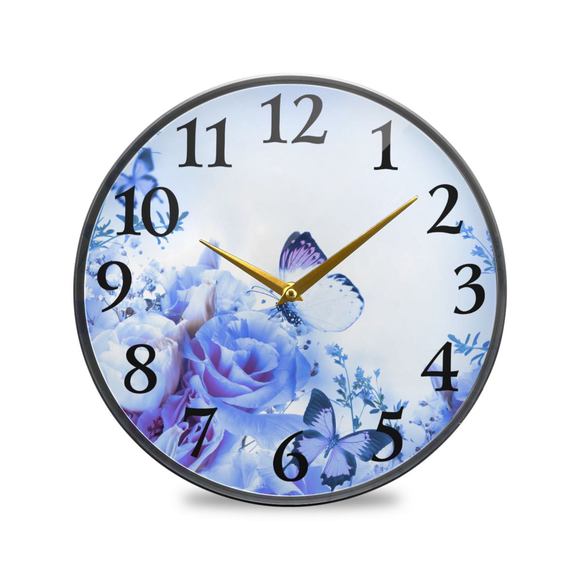 Purple Rose Flowers and Butterfly Wall Clocks Battery Operated 9.5 Inch ...