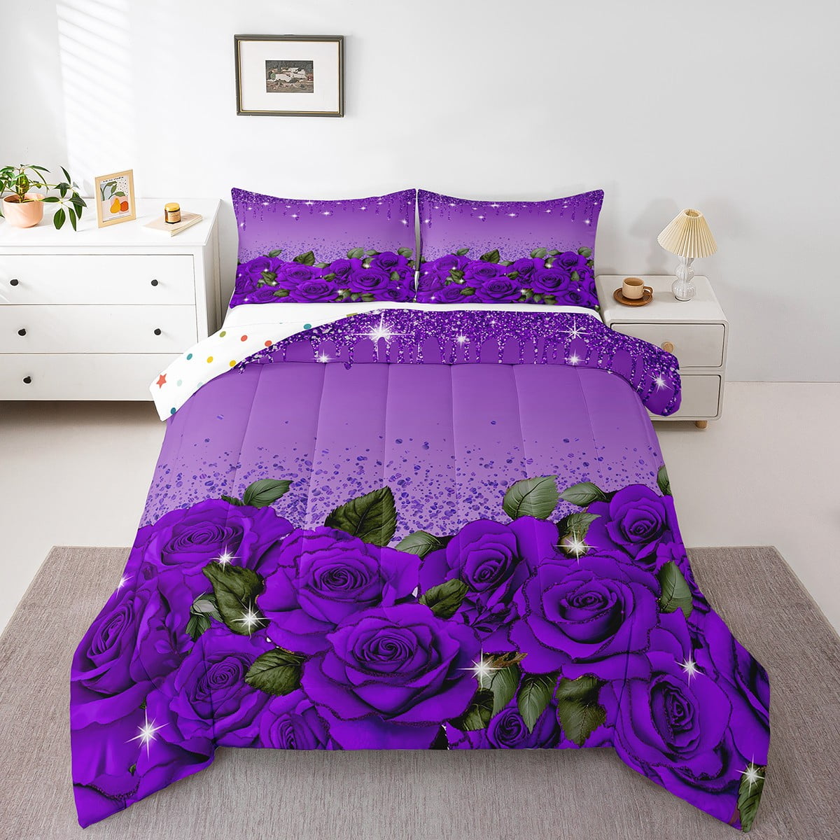 Purple Rose Queen Comforter Set Diamond Crystal Fluid Art Bedding Sets ...