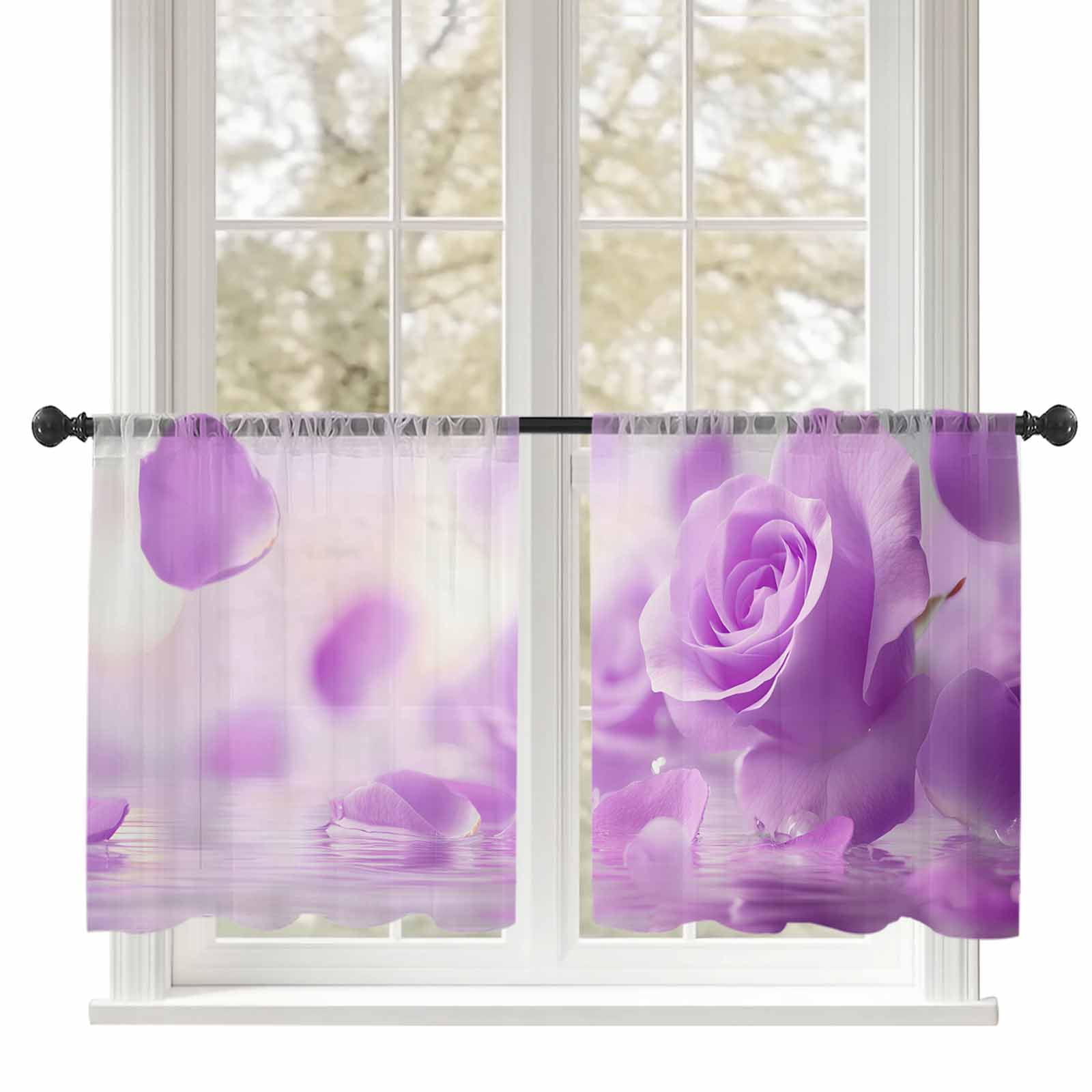 Purple Rose Sheer Curtains 54 inches Long, Floral Reflection Water ...