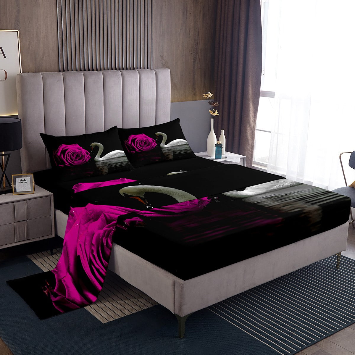 Purple Rose Sheet Set White Swan Bed Sheets Set Twin,Birds Sheets Romantic Flowers Bedding Set ...