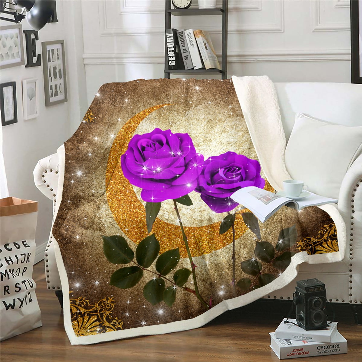 Purple Rose Throw Blanket Golden Moon Blanket 50"x60" for Women Men ...