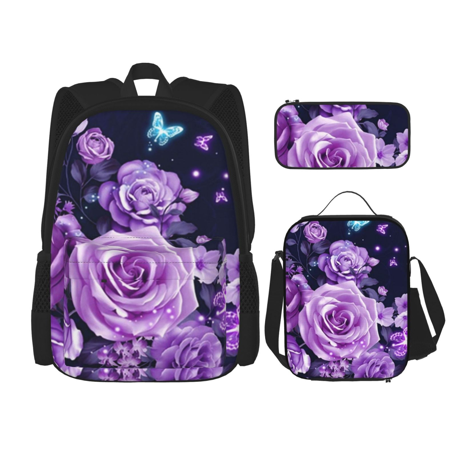 Purple Roses 5 Backpacks With Lunch Pack Pencil Case 3pcs Set, Double ...