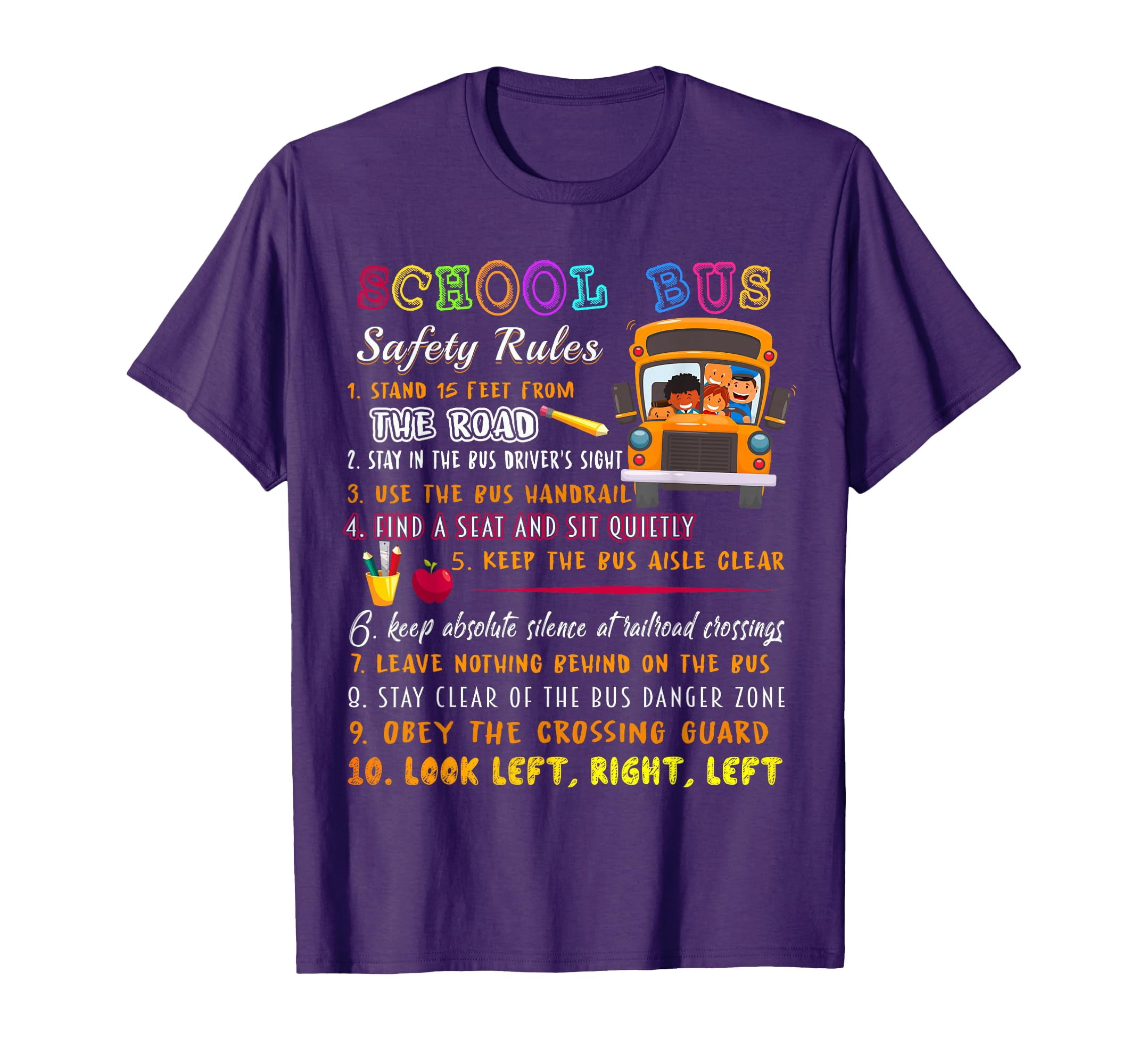 Purple School Bus Safety Rules T-Shirt with Colorful Illustration for ...