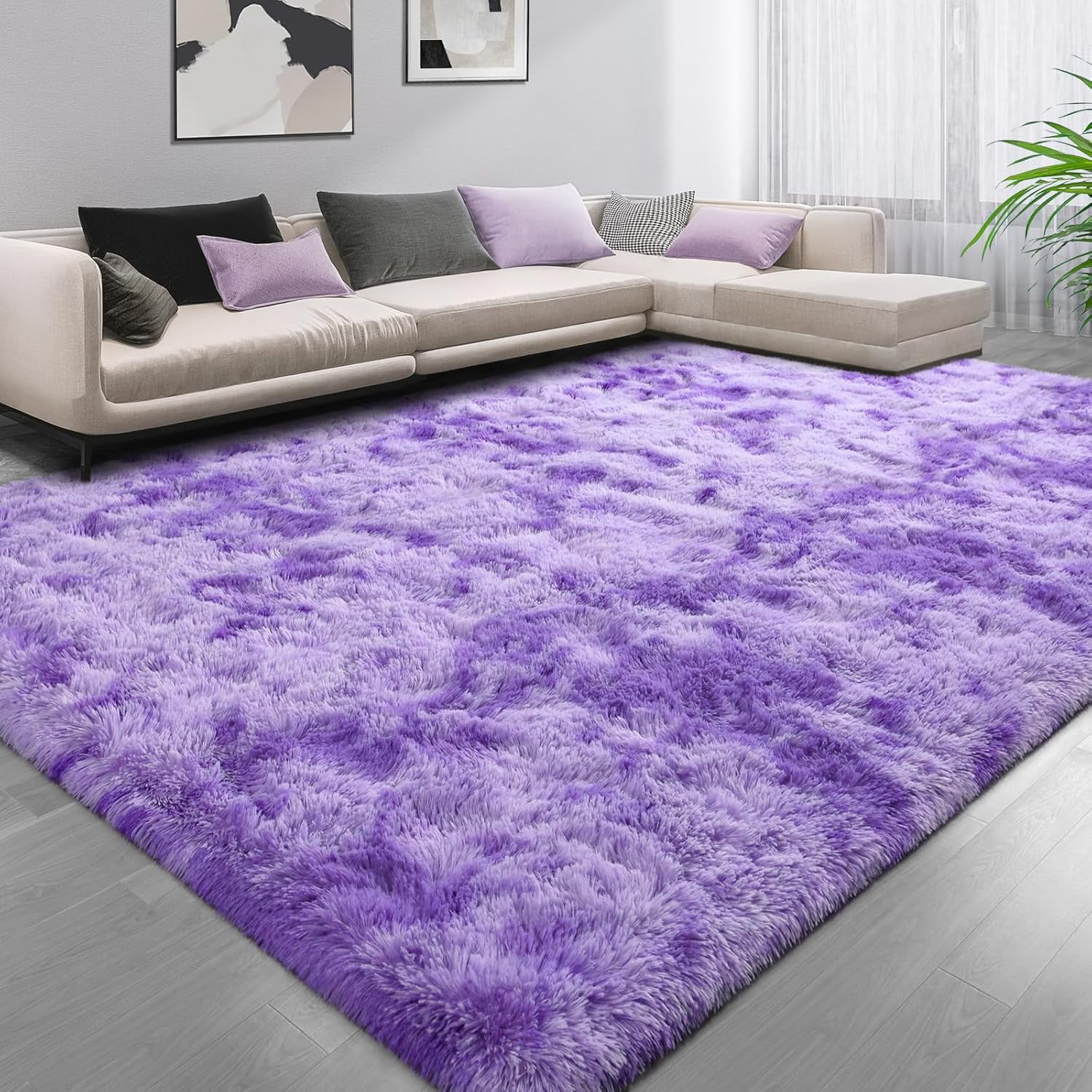 Purple Shag Rugs for Living Room, 4x6 Tie Dyed Modern Super Soft Fluffy ...