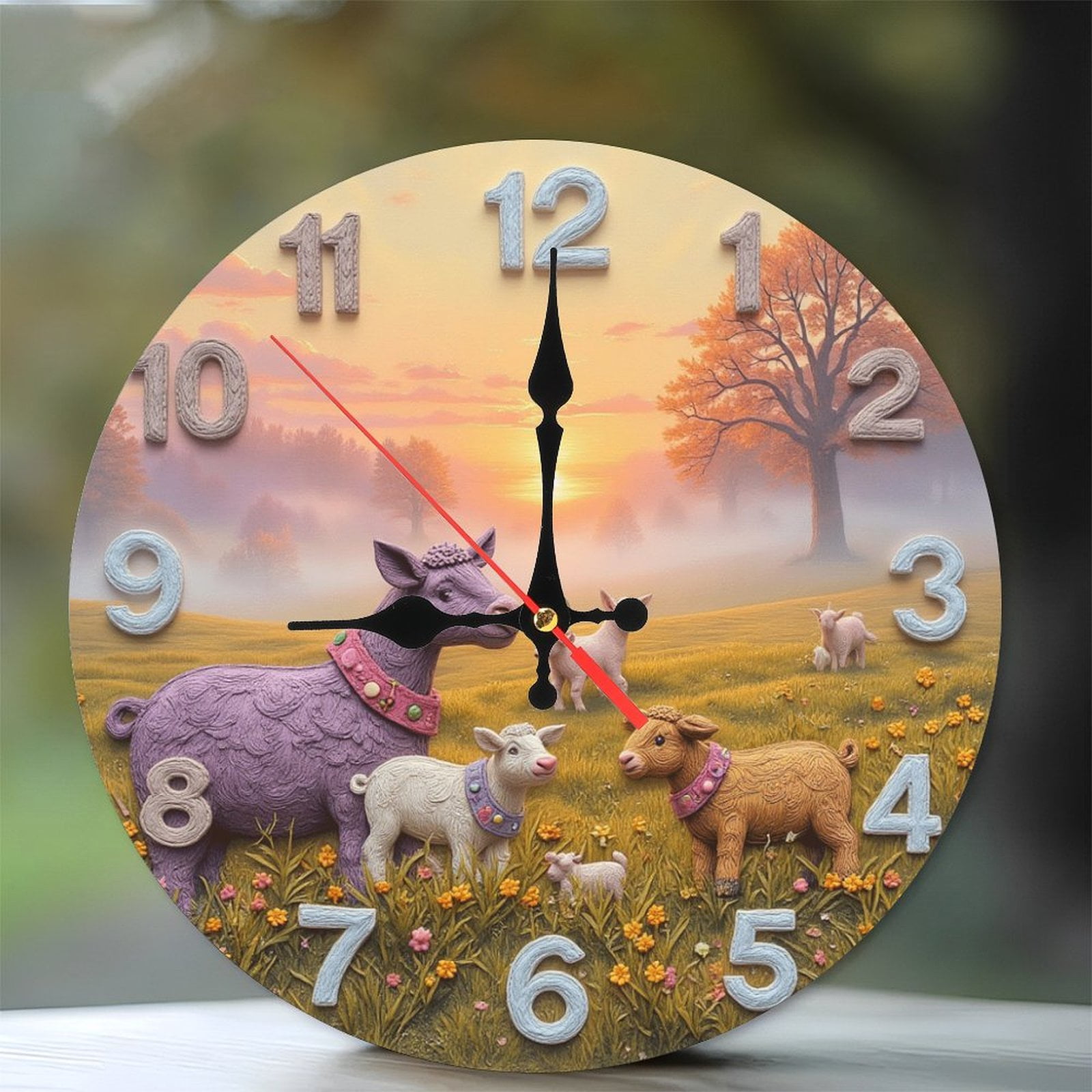 Purple Sheep Sunset Farm Animal Wall Clock 10-Inch Silent Wooden Wall ...