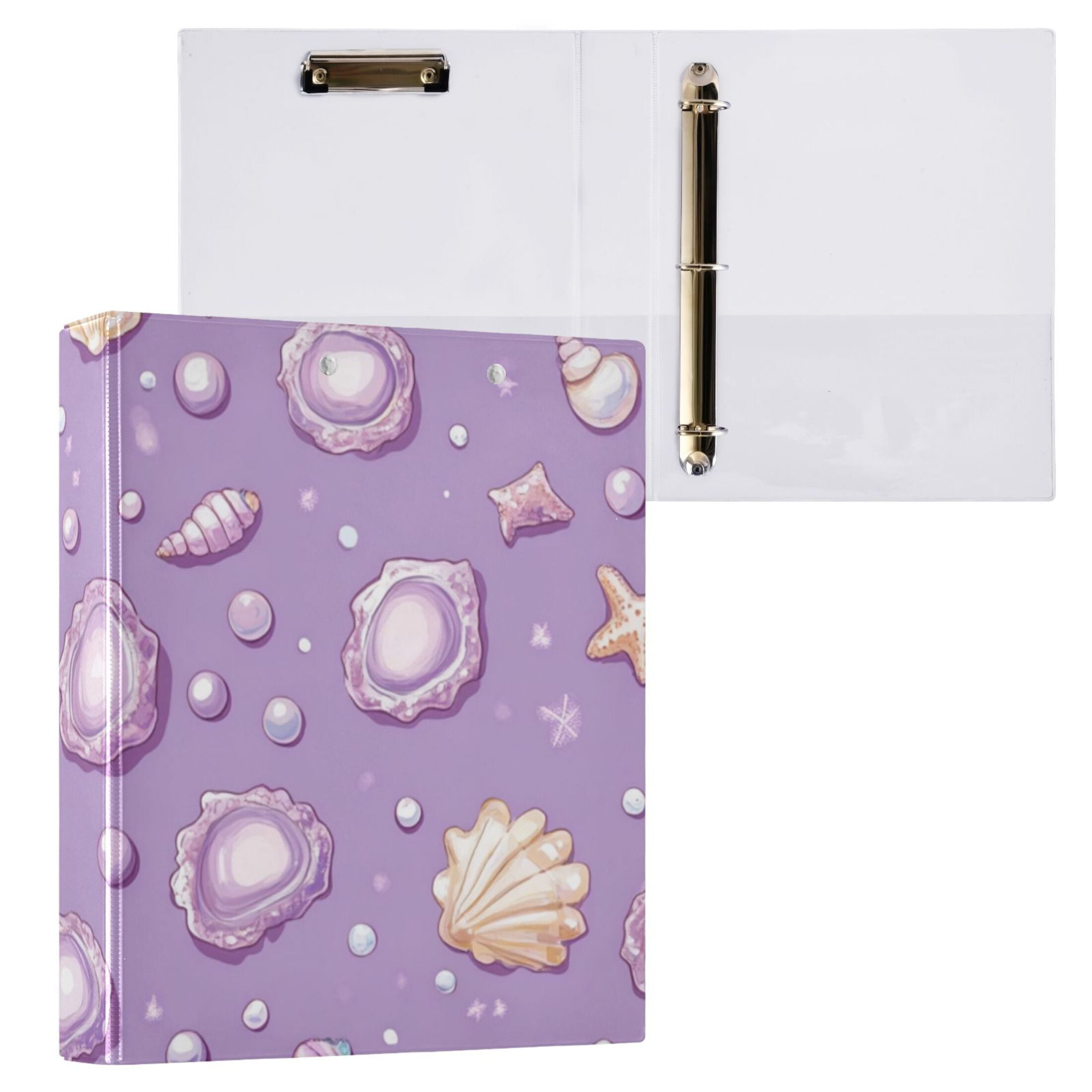 Purple Shells Pearls Starfishes Round Ring Binder 3 Rings 1.5" Capacity ...