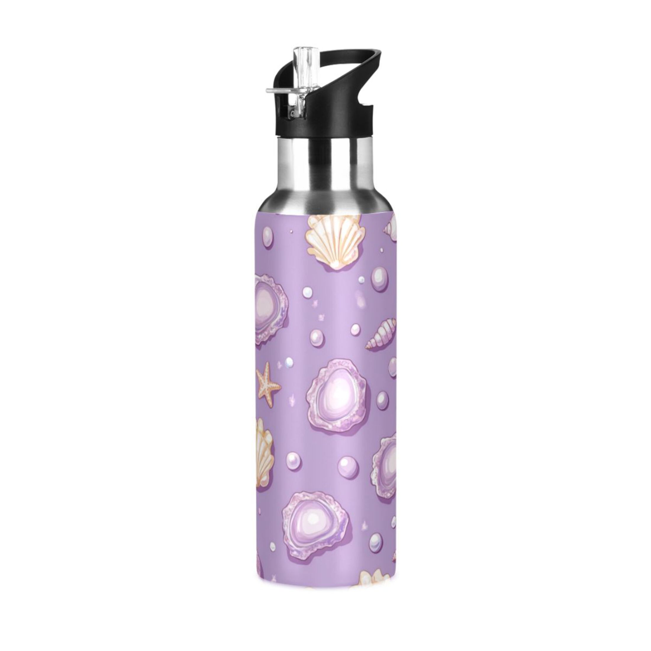 Purple Shells Pearls Starfishes Sports Bottle with Straw Stainless ...