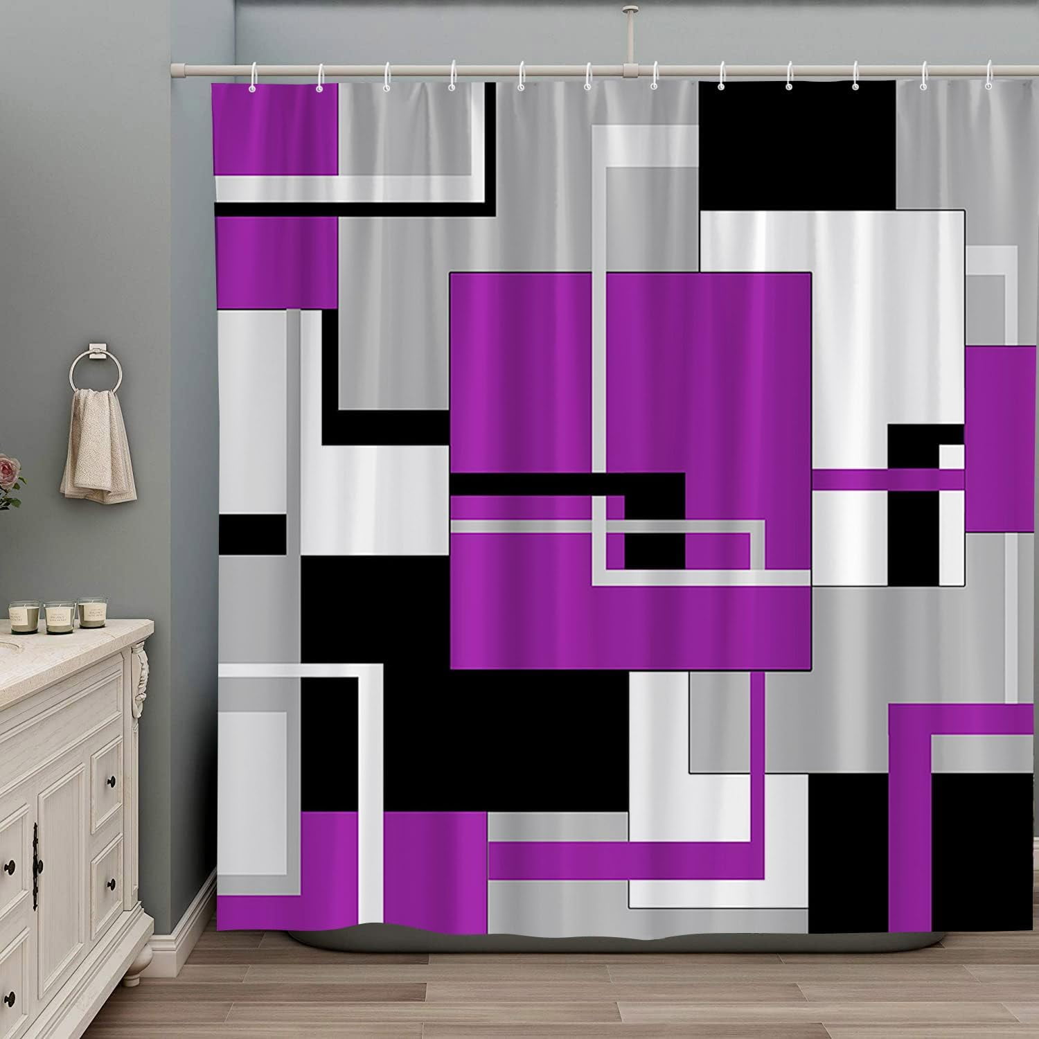 Purple Shower Curtain Black White Gray Geometric Abstract Mid Century