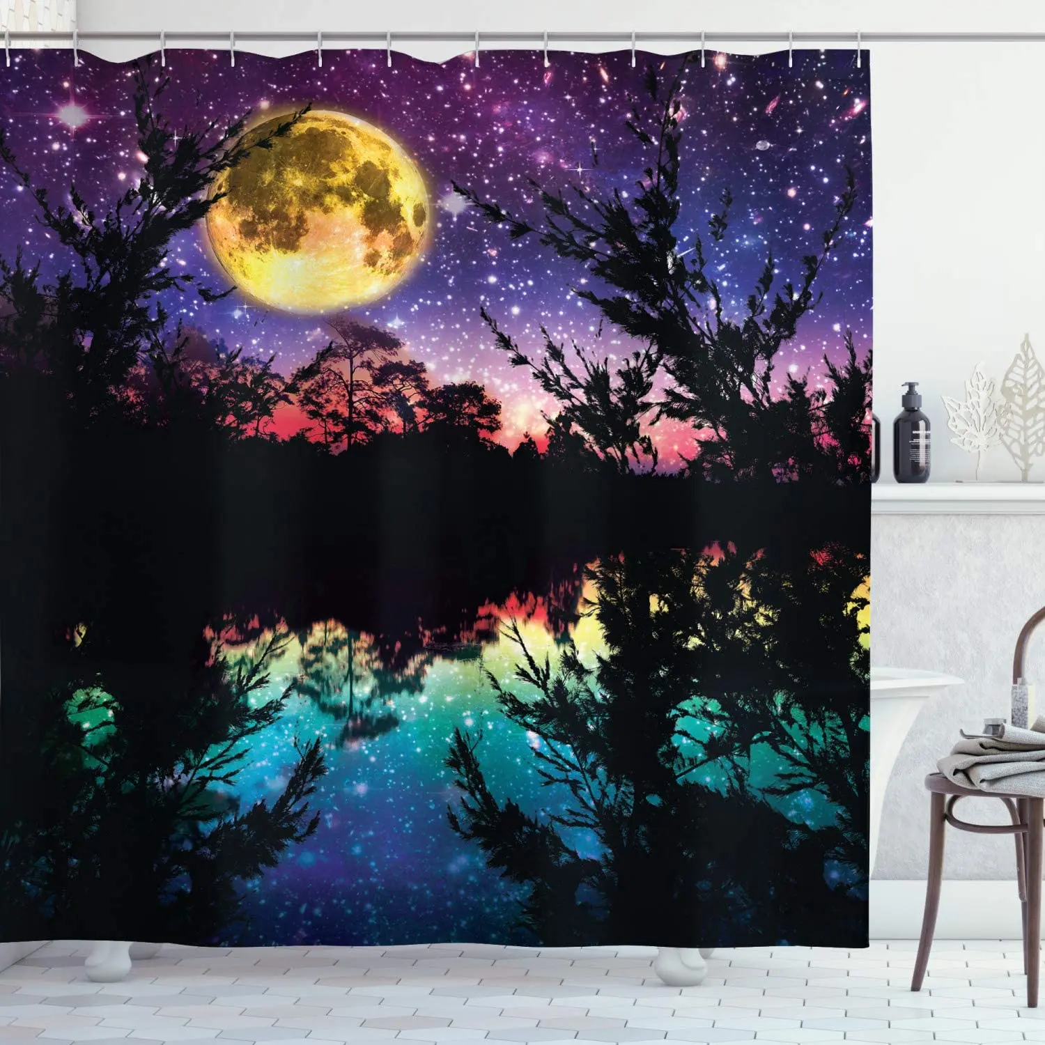 Purple Shower Curtain Lake Moonlight Stars Night Sky Trees Contemporary ...