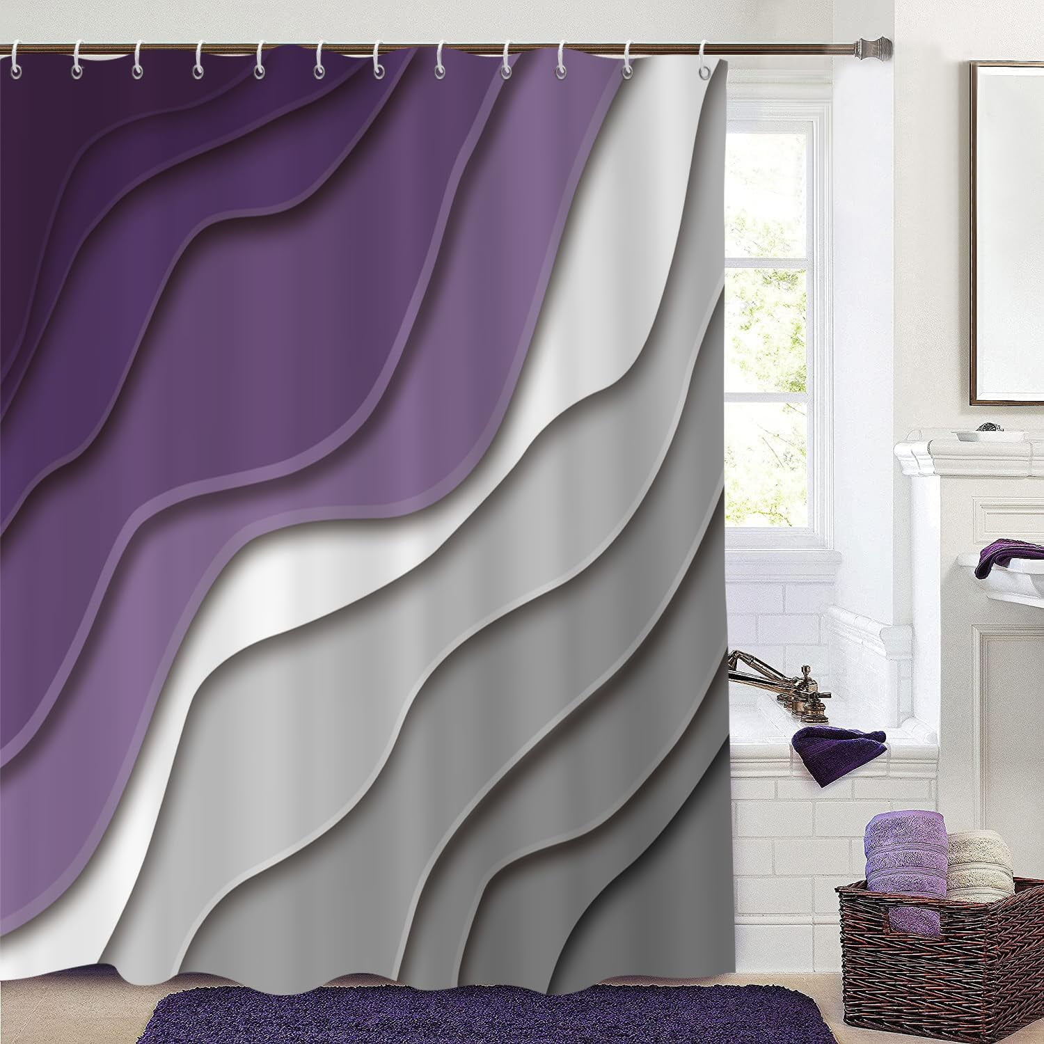 Purple Shower Curtain, Lavender Purple Grey Ombre Aqua Beach Waves ...