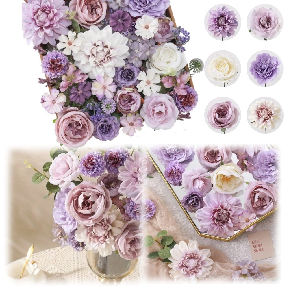 Purple Silk Flower Arrangement Kit, Ready-to-Gift Box with 18 Lifelike ...