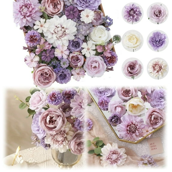 Purple Silk Flower Arrangement Kit, Ready-to-Gift Box with 18 Lifelike ...
