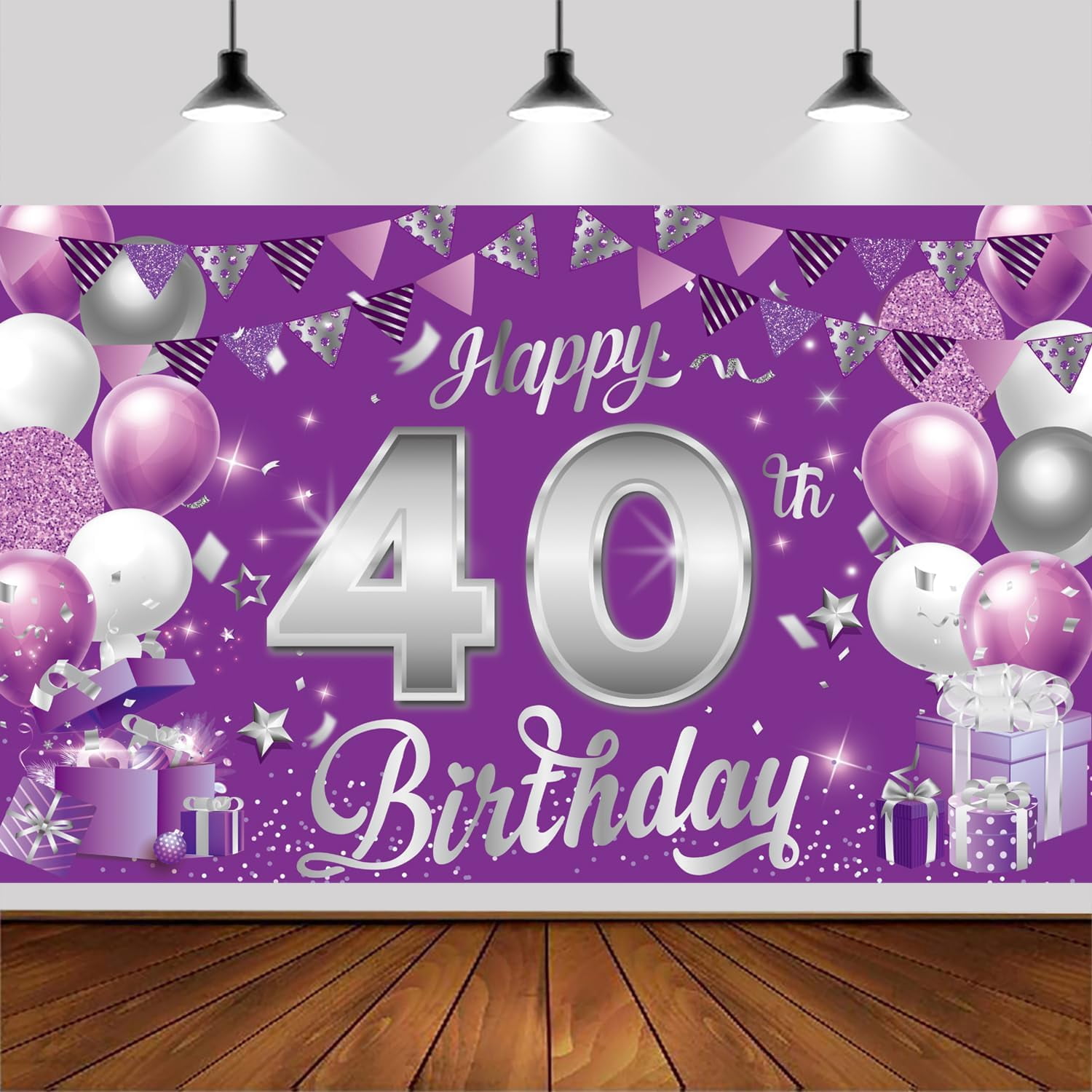 Purple Silver 40th Happy Birthday Backdrop,Purple Silver Happy Birthday ...