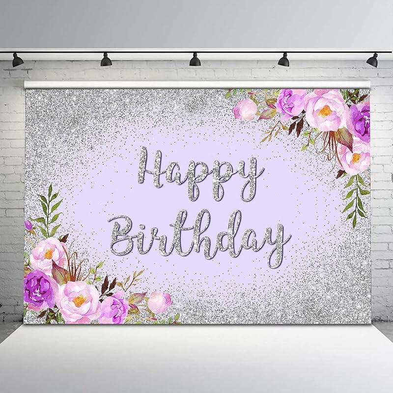 Purple and Silver Birthday Backdrop Purple Floral Sliver Bokeh Dots ...