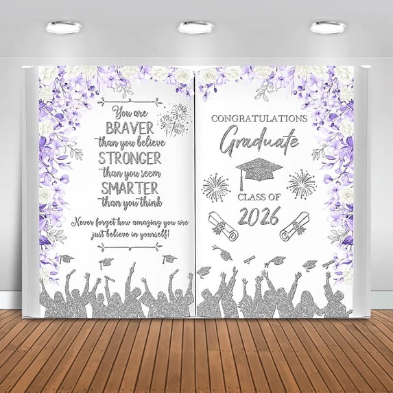 Purple Silver Graduation Backdrop Class of 2026 Grad Background Floral ...
