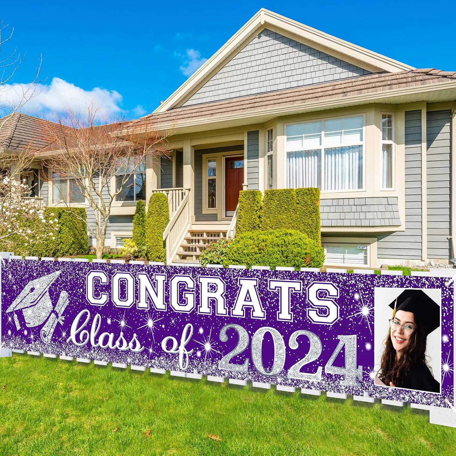 Purple Silver Graduation Decorations Banner Personalized Congrats Class ...