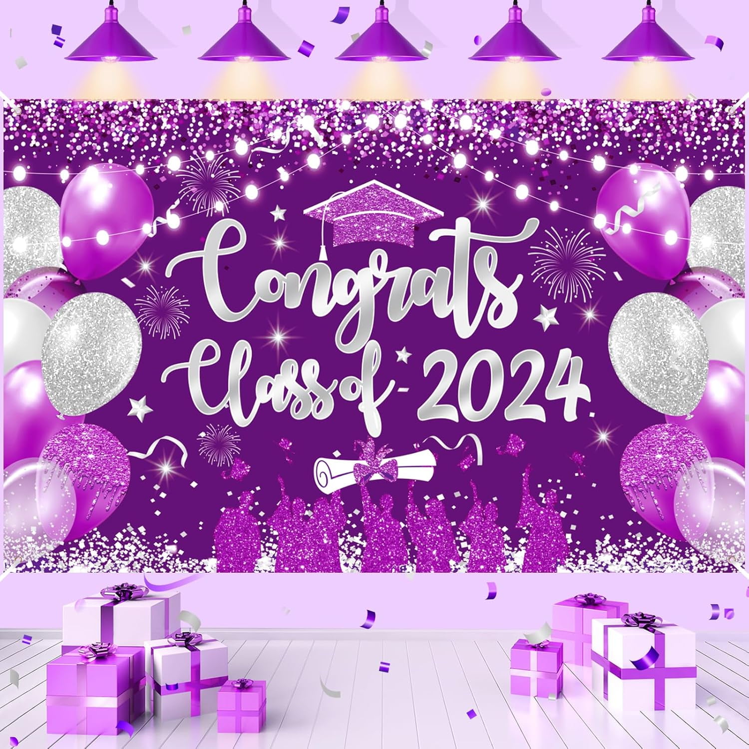 Purple Silver Graduation Decorations Banner Purple Congrats Grad Banner ...