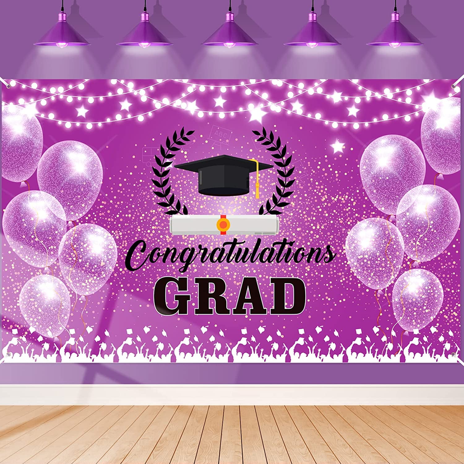 Purple Silver Graduation Decorations Banner Purple Congrats Grad Banner ...