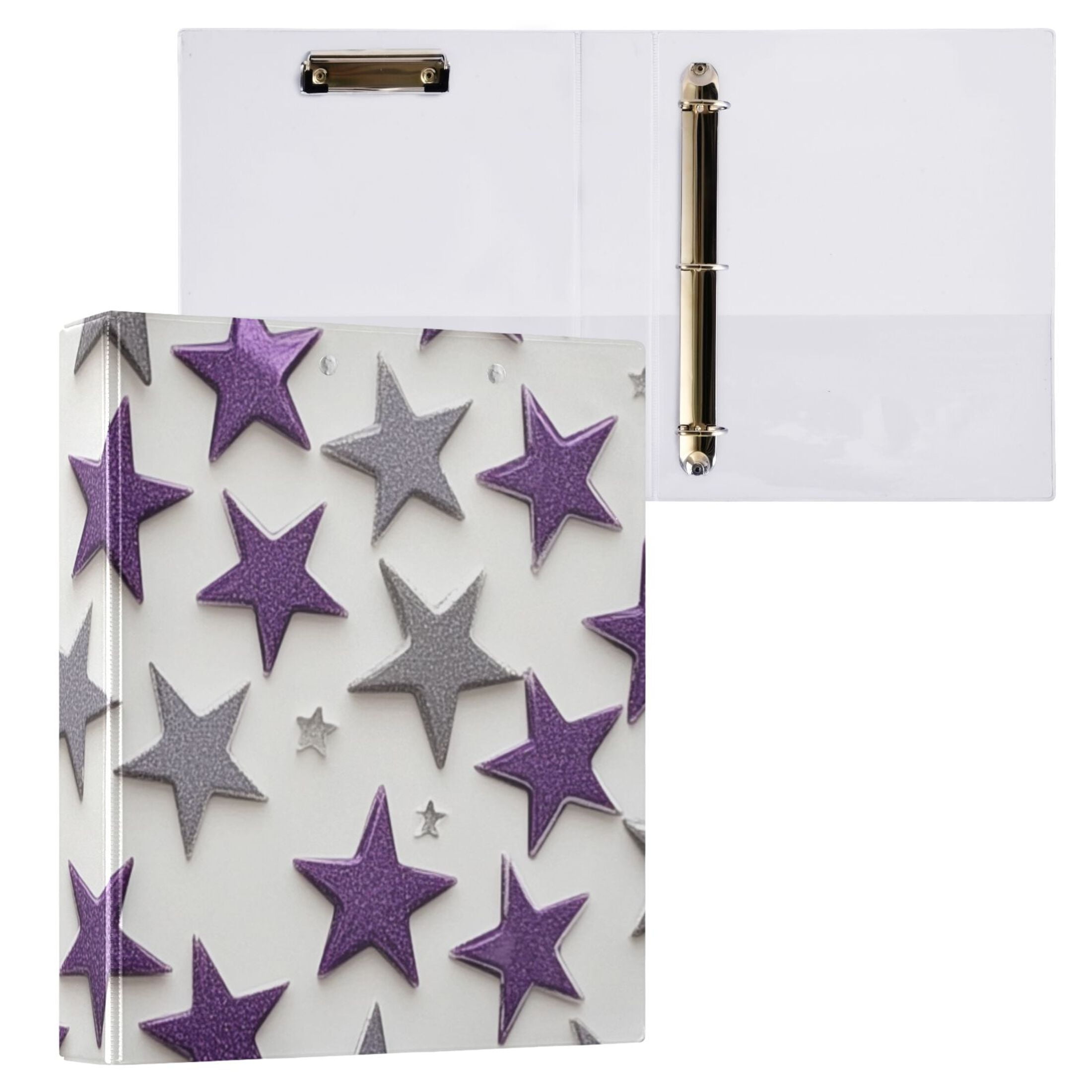 Purple Silver Stars Round Ring Binder 3 Rings 1.5" Capacity File ...