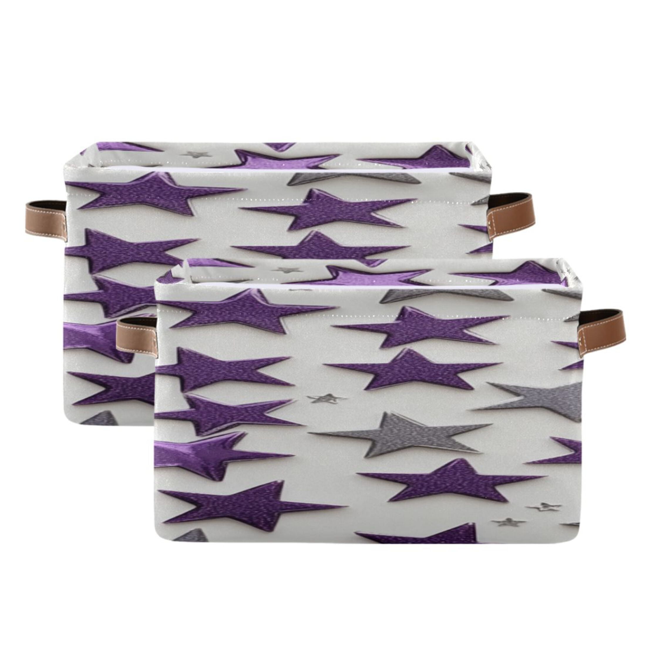 Purple Silver Stars Square Storage Bins with Handles Collapsible ...