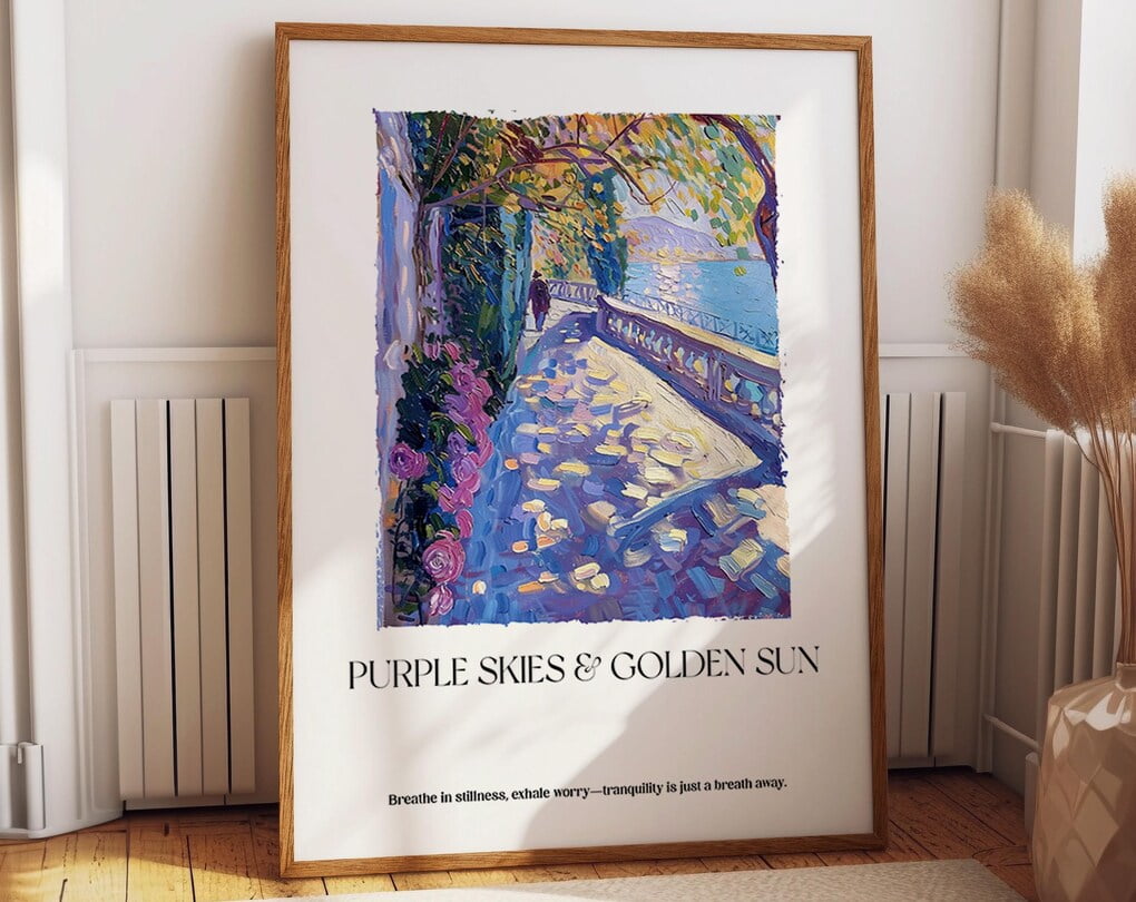 Purple Sky Coastal Wall Art – Sunlit Lakeside Path Poster – Golden Hour ...